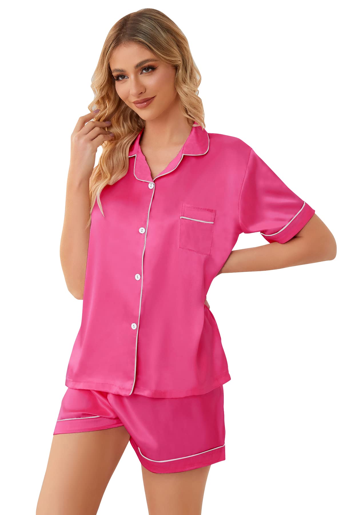 Schbbbta Satin Pajamas for Womens, 2 Pcs Sleepwear Short Sleeve Silk Satin Pajama Outfit for Girls, Hot Pink, US L