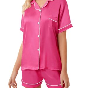 Schbbbta Satin Pajamas for Womens, 2 Pcs Sleepwear Short Sleeve Silk Satin Pajama Outfit for Girls, Hot Pink, US L