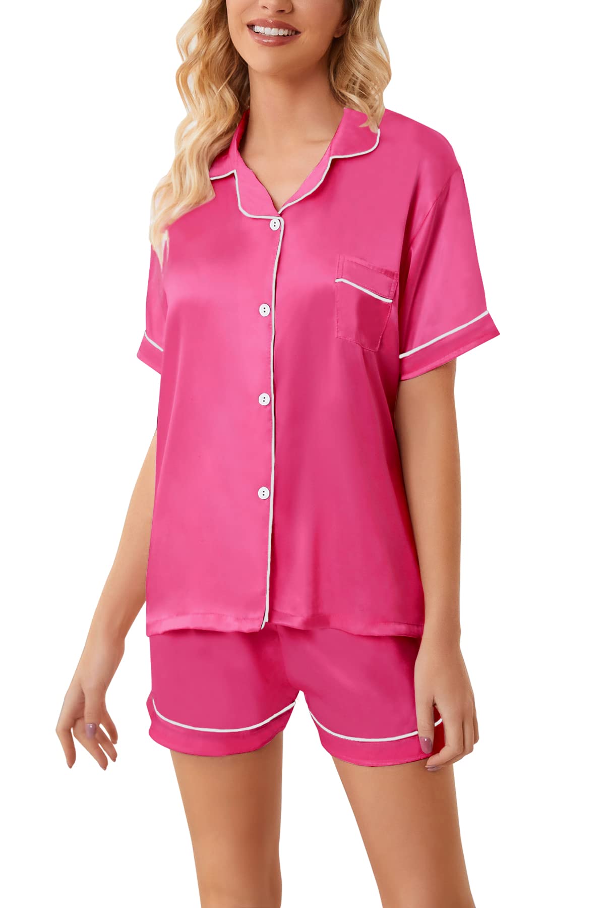 Schbbbta Satin Pajamas for Womens, 2 Pcs Sleepwear Short Sleeve Silk Satin Pajama Outfit for Girls, Hot Pink, US L