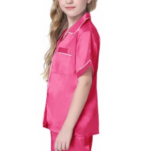 Schbbbta Satin Pajamas for Womens, 2 Pcs Sleepwear Short Sleeve Silk Satin Pajama Outfit for Girls, Hot Pink, US L