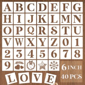 yeajon 6 inch letter stencils and numbers, 40 pcs alphabet drawing templates, reusable plastic art craft stencils for painting on wood, wall, fabric, rock, signage, door porch