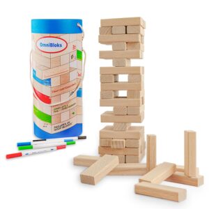 omnibloks tumbling tower game with 54 blank tumbling blocks, 4 coloring markers - tabletop wood block game tower kids stacking game - indoor party games - family game night, kids games 3+