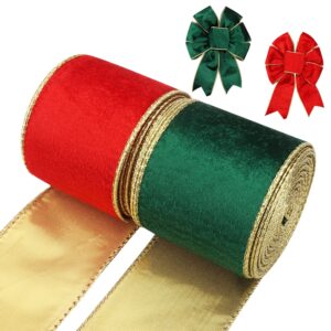 2 rolls christmas ribbons, red green christmas velvet ribbons gold trim, velvet wired ribbons for xmas wrapping diy crafts winter christmas festival decor