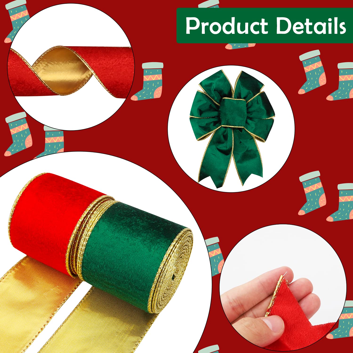 2 Rolls Christmas Ribbons, Red Green Christmas Velvet Ribbons Gold Trim, Velvet Wired Ribbons for Xmas Wrapping DIY Crafts Winter Christmas Festival Decor