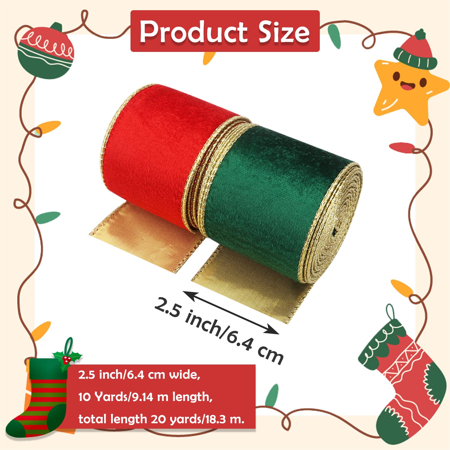 2 Rolls Christmas Ribbons, Red Green Christmas Velvet Ribbons Gold Trim, Velvet Wired Ribbons for Xmas Wrapping DIY Crafts Winter Christmas Festival Decor