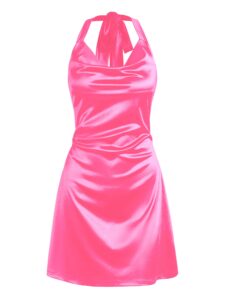 zaful women halterneck satin mini dress sexy cowl neck silky party cocktail club dress (hot pink-halter-a, s)