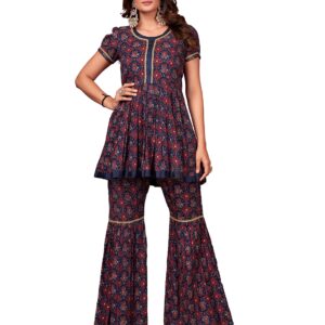 Indian Kurti for Womens With Pant | Foil Print Kurta Partywear Kurtis For Women Tunic Set Blue