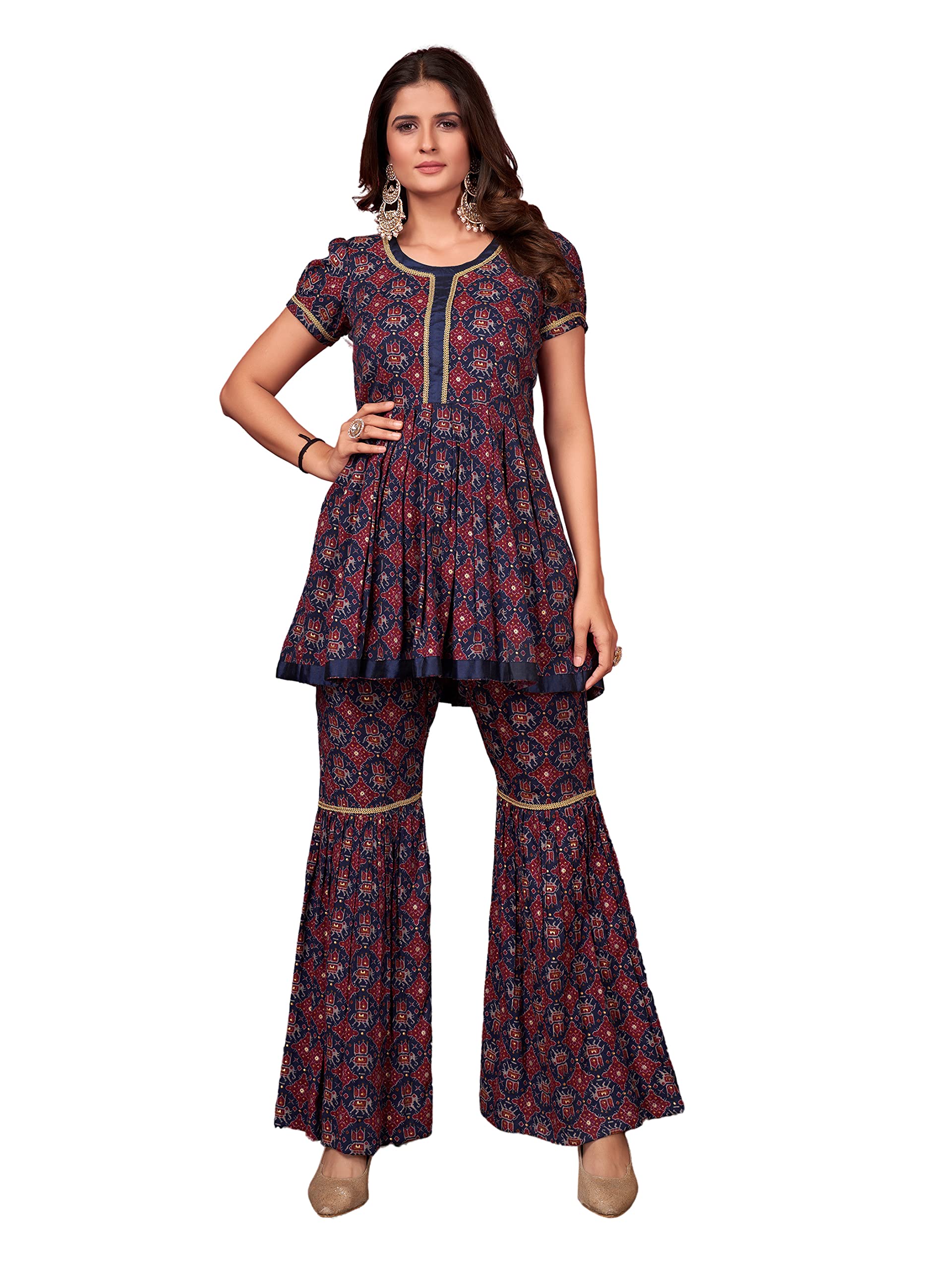 Indian Kurti for Womens With Pant | Foil Print Kurta Partywear Kurtis For Women Tunic Set Blue