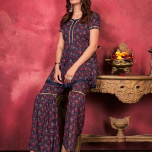 Indian Kurti for Womens With Pant | Foil Print Kurta Partywear Kurtis For Women Tunic Set Blue