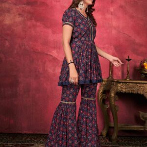 Indian Kurti for Womens With Pant | Foil Print Kurta Partywear Kurtis For Women Tunic Set Blue