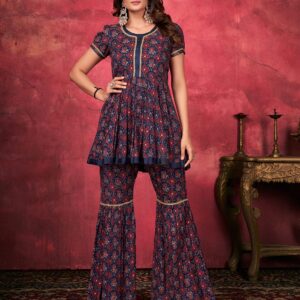 Indian Kurti for Womens With Pant | Foil Print Kurta Partywear Kurtis For Women Tunic Set Blue