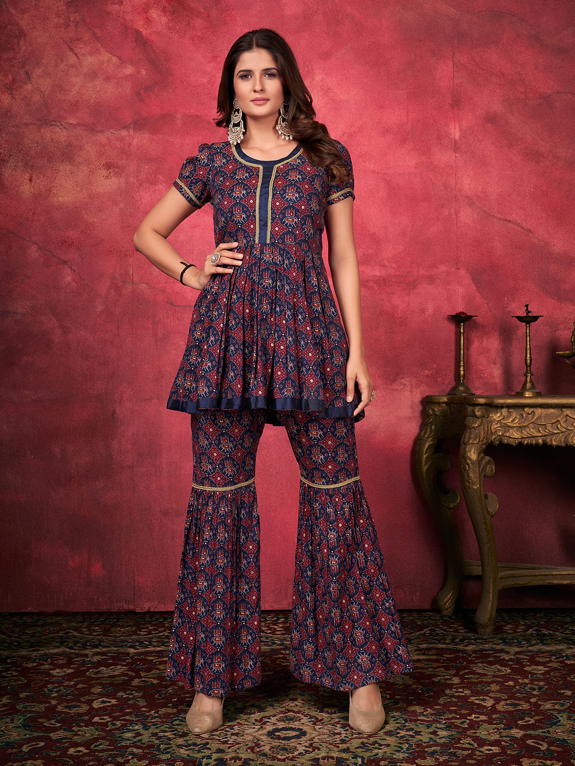 Indian Kurti for Womens With Pant | Foil Print Kurta Partywear Kurtis For Women Tunic Set Blue