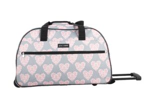 betsey johnson designer carry on luggage collection - lightweight pattern 22 inch duffel bag- weekender overnight business travel suitcase with 2- rolling spinner wheels (chevron hearts, one size)