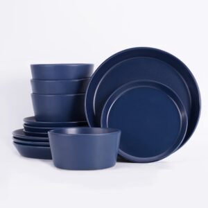 12 piece dinnerware set, stoneware dish set service for 4, kitchen plates and bowls set,blue dinnerware set…