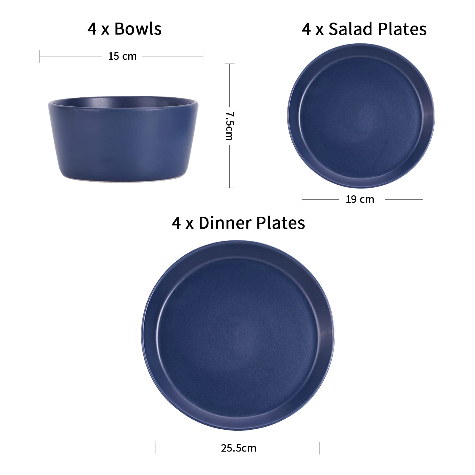 12 Piece Dinnerware Set, Stoneware dish set Service for 4, Kitchen Plates And Bowls Set,Blue Dinnerware Set…