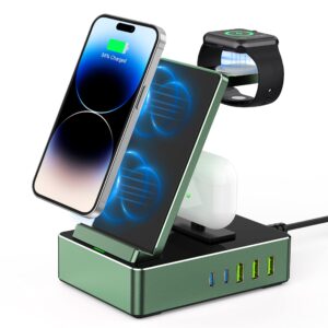 charging station for multiple devices apple,wireless charger for iphone 15/14/13/12 series,apple watch series,airpods pro,with 5 usb ports multi charger station 100w aluminum alloy charger station