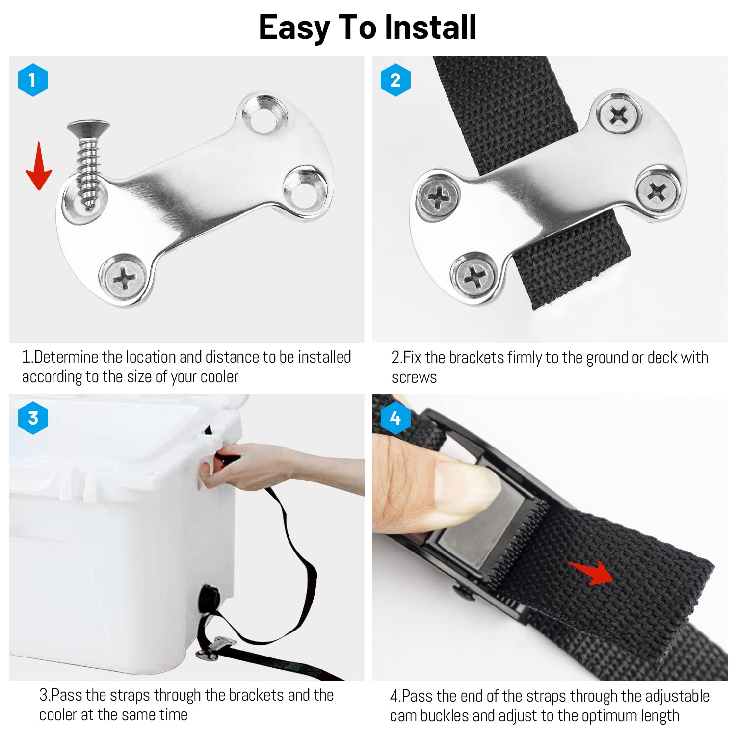 Omoojee Cooler Tie Down Kit, Fixed Straps for YETI and for RTIC Coolers to Boat, Deck, Truck Bed, Prevent Sliding