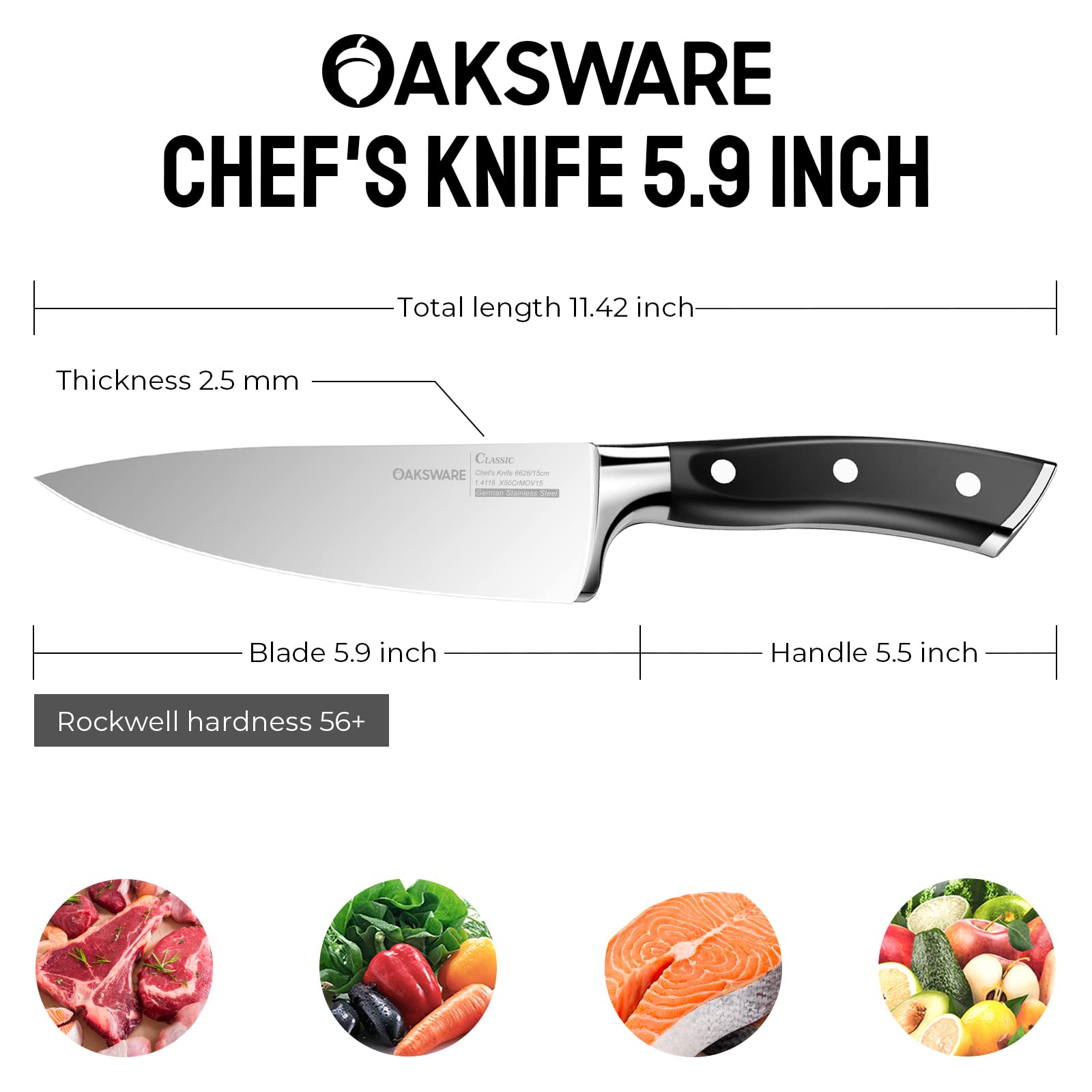 OAKSWARE Chef Knife, 6" Cutting & Cooking Kitchen Knife - High Carbon German Steel Razor Sharp Knives Professional Meat Knife with Ergonomic Handle