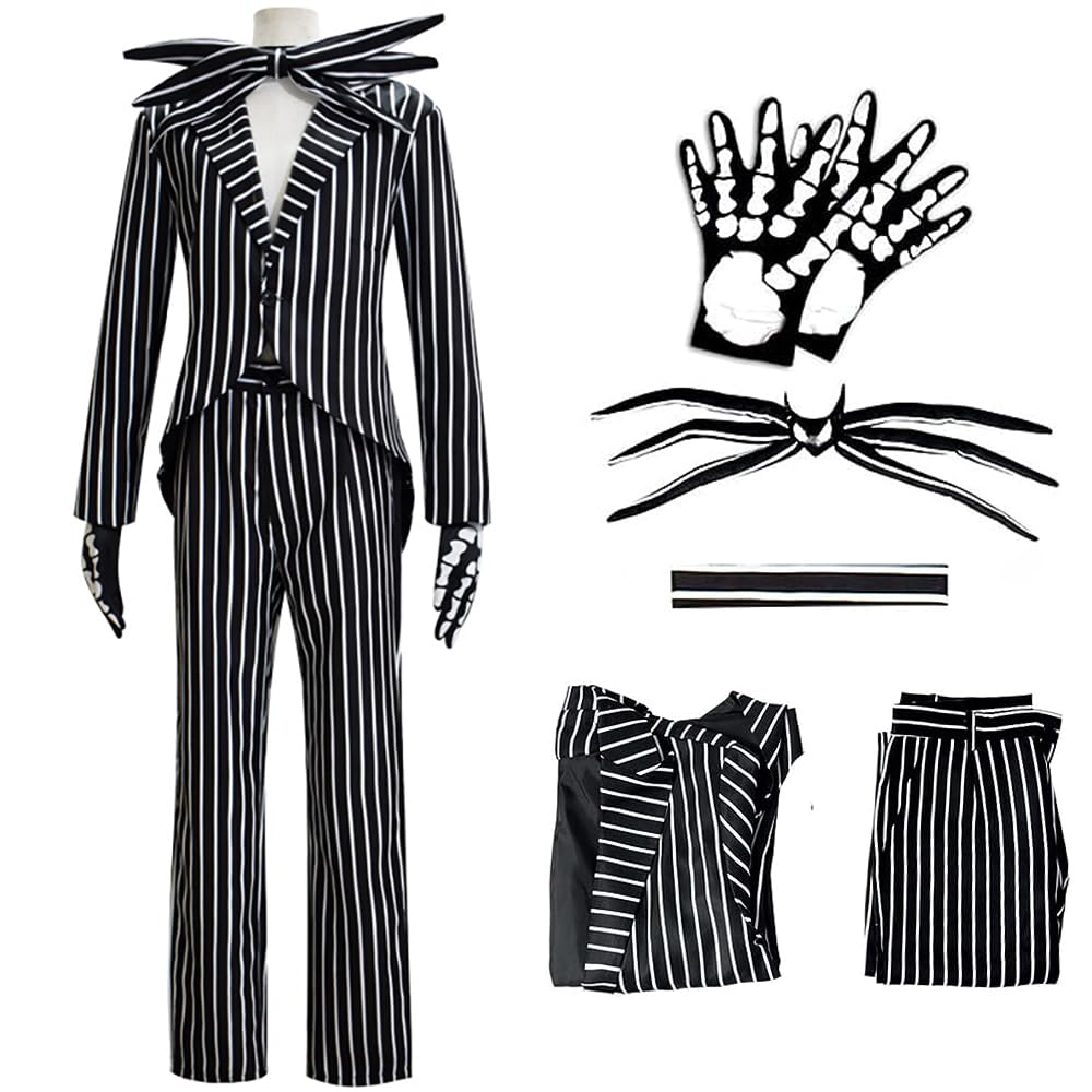 Jack Skeleton Skellington Costume With Bowtie Skeleton Nightmare Suit Before Christmas Halloween Cosplay for Adult Men Women (man, XS)