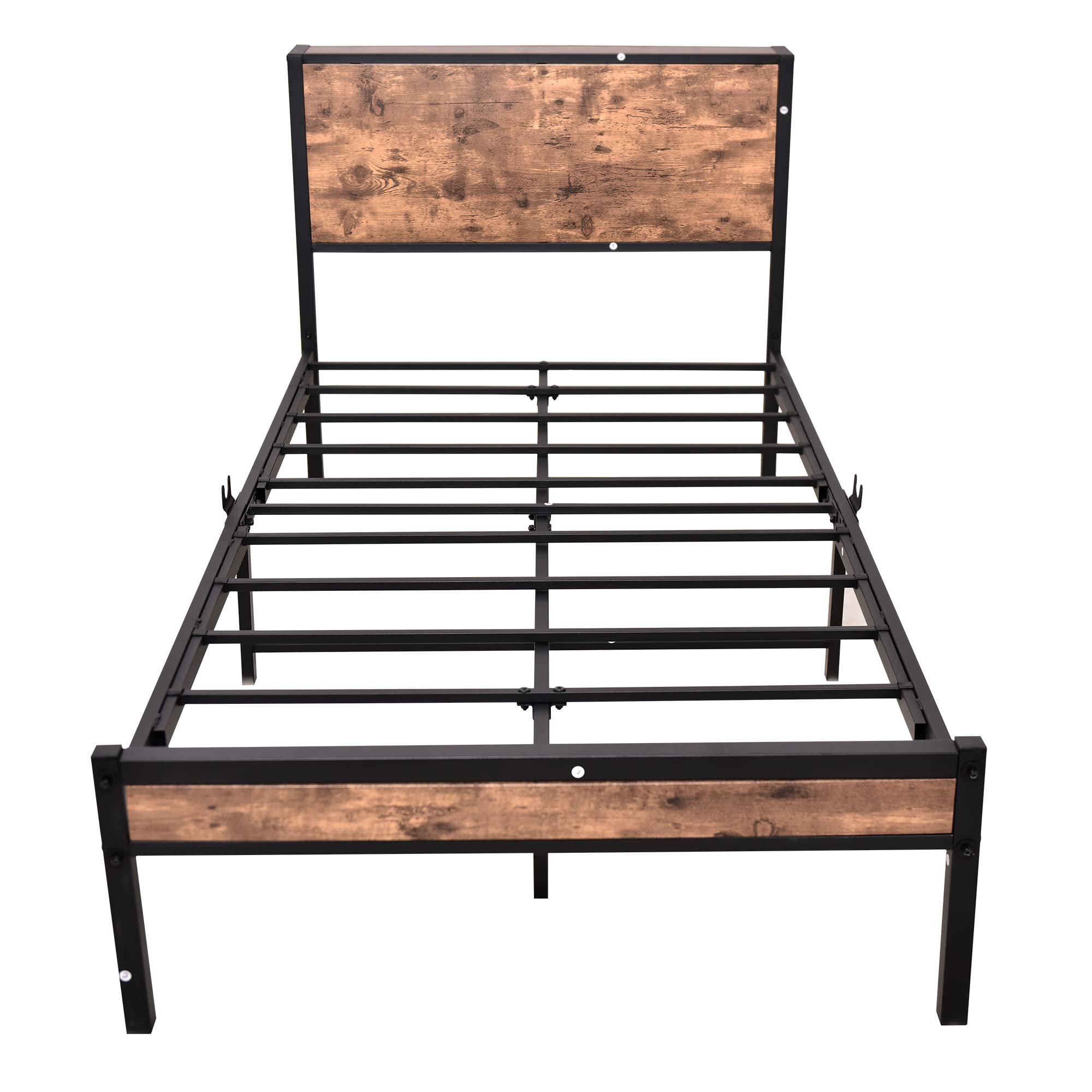 DUMEE Twin Bed Frames with Wood Headboard and Footboard Metal Bed Frame Twin Size with Shelf Storage Headboard, No Box Spring Needed, Steel Slats Mattress Foundation, Textured Black and Brown Oak