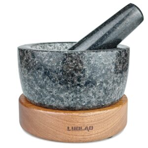 luolao large mortar and pestle set, 2 cup capacity, heavy granite stone molcajete bowl with wood base, used in guacamole, salsa, herb crusher, grind and crush spices and nuts to release flavor, black