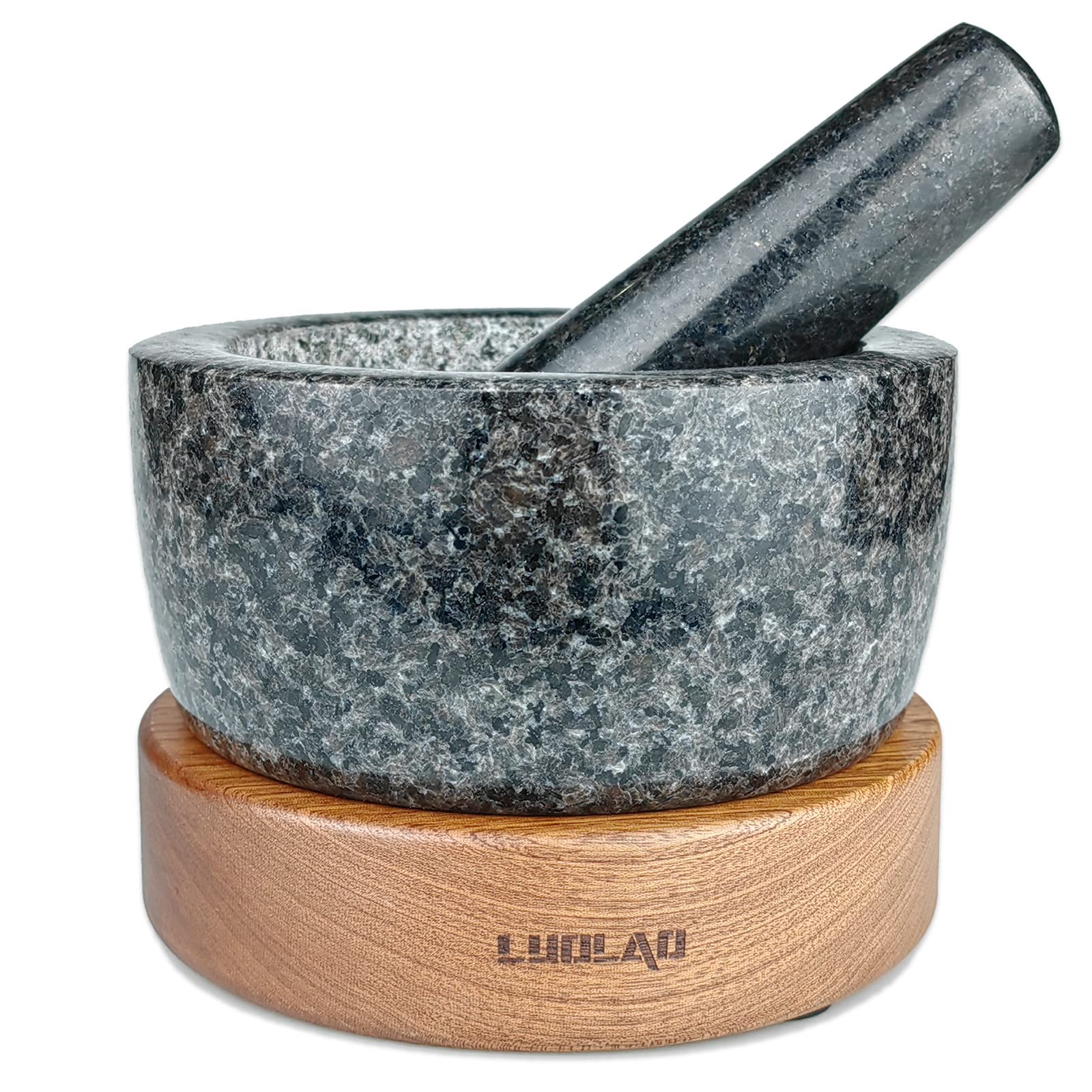 LUOLAO Large Mortar and Pestle Set, 2 Cup Capacity, Heavy Granite Stone Molcajete Bowl with Wood Base, Used in Guacamole, Salsa, Herb Crusher, Grind and Crush Spices and Nuts to Release Flavor, Black