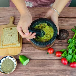 LUOLAO Large Mortar and Pestle Set, 2 Cup Capacity, Heavy Granite Stone Molcajete Bowl with Wood Base, Used in Guacamole, Salsa, Herb Crusher, Grind and Crush Spices and Nuts to Release Flavor, Black