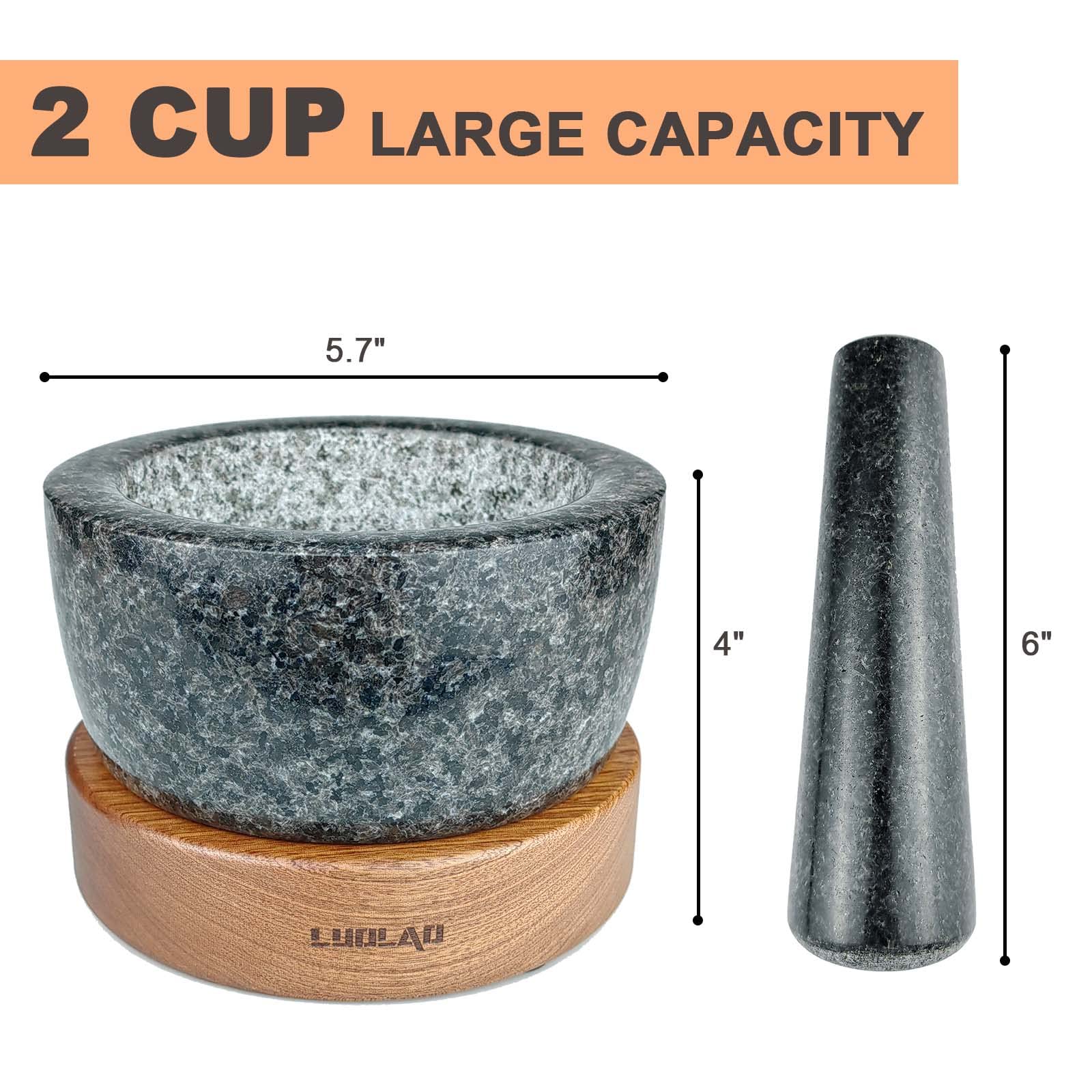 LUOLAO Large Mortar and Pestle Set, 2 Cup Capacity, Heavy Granite Stone Molcajete Bowl with Wood Base, Used in Guacamole, Salsa, Herb Crusher, Grind and Crush Spices and Nuts to Release Flavor, Black