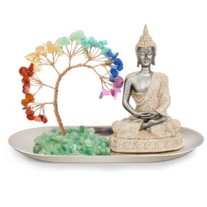 innolites 7 chakra crystal tree and buddha statue set, yoga meditation decor, money tree and buda statues for home living room office shelf decoration wealth and luck（silver）