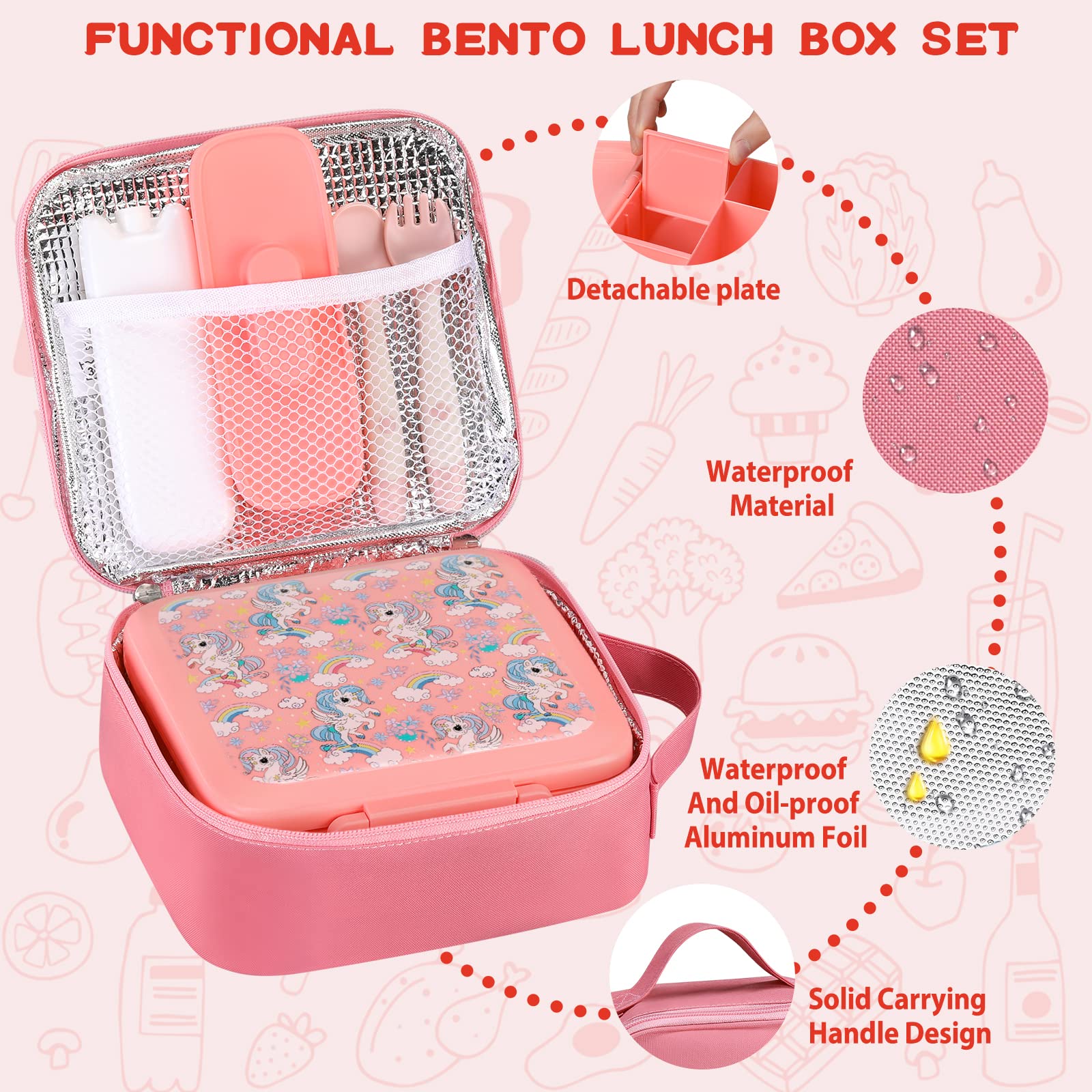 JXXM Bento Lunch Box for Kids With 8oz Soup Thermo,Leak-proof Lunch Containers with 5 Compartment,Thermos Food Jar and Lunch Bag, Food Containers for School (A-Pink(Fantasy Unicorn))