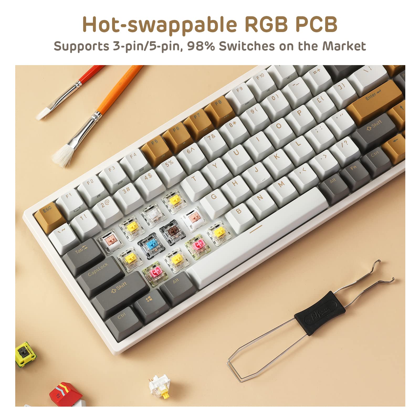 RK ROYAL KLUDGE RK84 RGB Limited Ed, 75% Triple Mode BT5.0/2.4G/USB-C Hot Swappable Mechanical Keyboard, 84 Keys Wireless Gaming Keyboard, RK Yellow Switch, Macchiato White