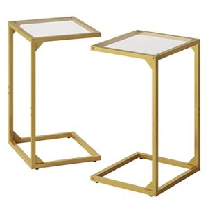 hoobro c-shaped end table set of 2, tempered glass couch table with metal frame, narrow snack side table for small space, living room, bedroom, modern and simple, gold gd04sfp201