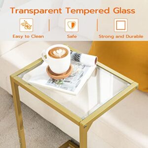 HOOBRO C-Shaped End Table Set of 2, Tempered Glass Couch Table with Metal Frame, Narrow Snack Side Table for Small Space, Living Room, Bedroom, Modern and Simple, Gold GD04SFP201