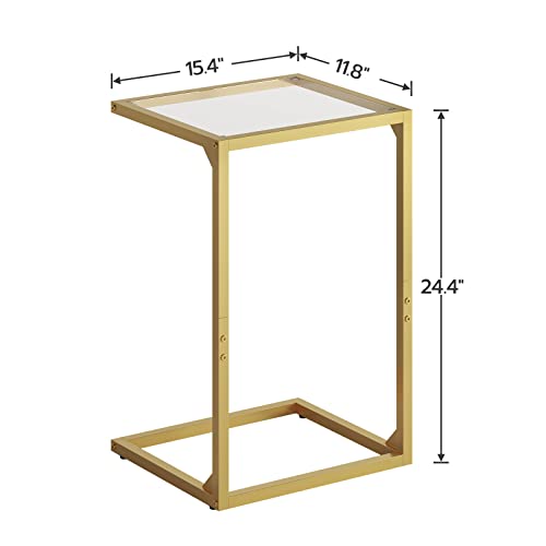 HOOBRO C-Shaped End Table Set of 2, Tempered Glass Couch Table with Metal Frame, Narrow Snack Side Table for Small Space, Living Room, Bedroom, Modern and Simple, Gold GD04SFP201