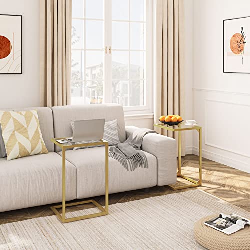 HOOBRO C-Shaped End Table Set of 2, Tempered Glass Couch Table with Metal Frame, Narrow Snack Side Table for Small Space, Living Room, Bedroom, Modern and Simple, Gold GD04SFP201