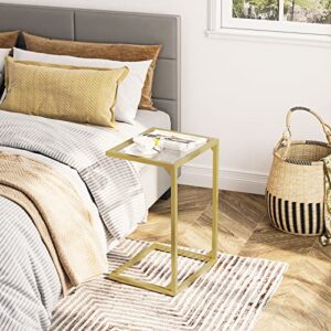 HOOBRO C-Shaped End Table Set of 2, Tempered Glass Couch Table with Metal Frame, Narrow Snack Side Table for Small Space, Living Room, Bedroom, Modern and Simple, Gold GD04SFP201