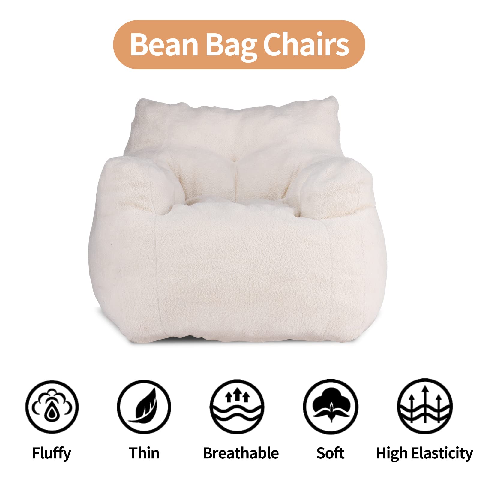 Homtique Bean Bag Chairs, Soft Tufted Foam Bean Bag Chair with Teddy Fabric for Adults and Kids, Comfy Lazy Sofa for Living Room, Bedroom (Ivory)