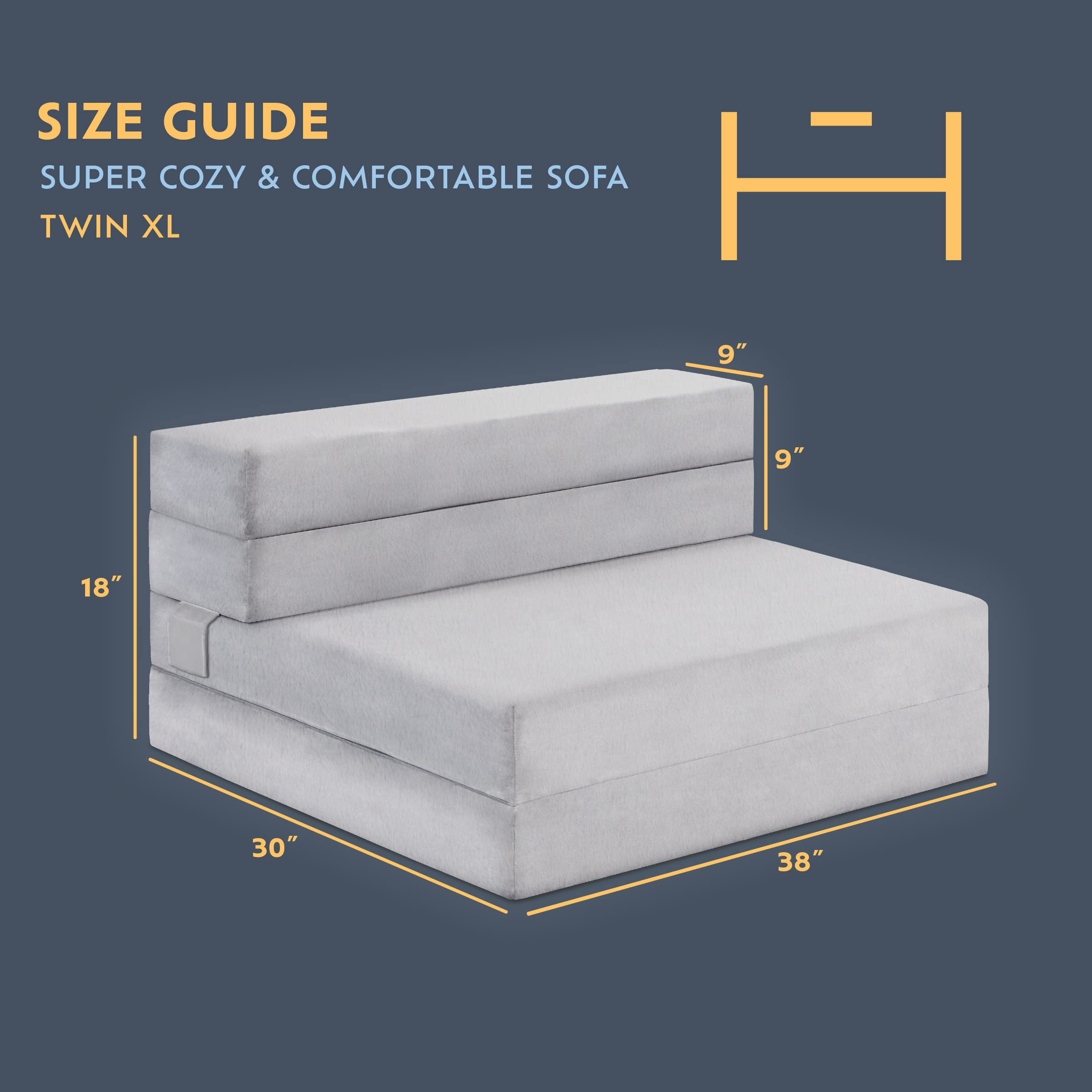 Heyward 4.5” Trifold Sofa + Mattress | Twin XL Size | Portable Certi PUR-US Certified Firm Foam Folds Into Couch | Washable Panne Velvet Material w/Non-Slip Base | 78”L x 38”W x 4.5”H