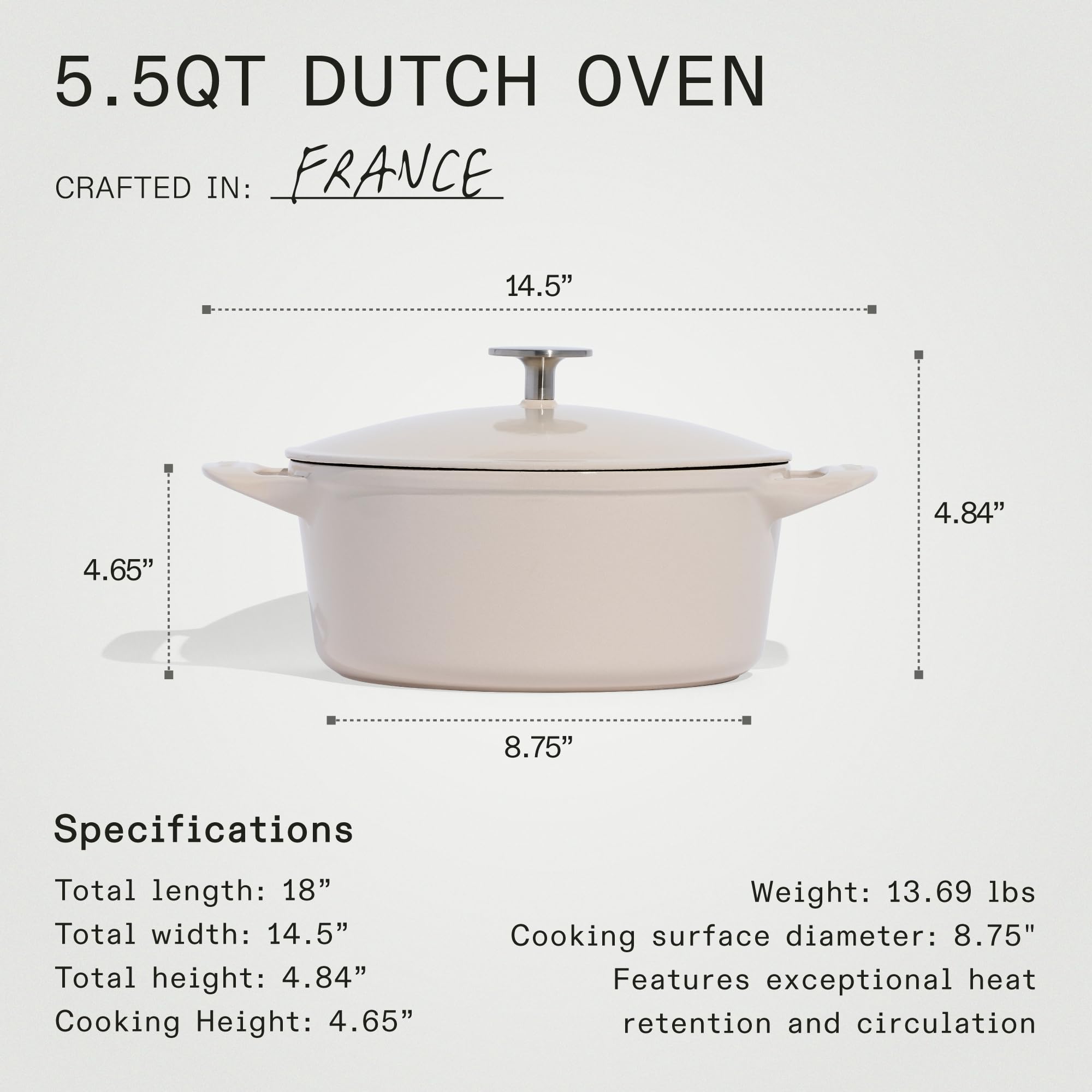 Made In Cookware - Dutch Oven 5.5 Quart - Linen - Enameled Cast Iron - Exceptional Heat Retention & Durability - Professional Cookware - Crafted in France - Induction Compatible