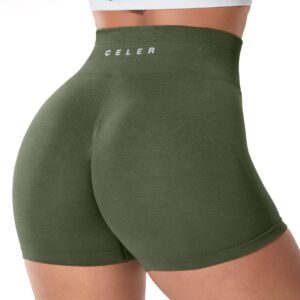 CELER Womens Workout Shorts Seamless Scrunch Butt Gym Shorts High Waisted Yoga Athletic Booty Shorts, 01 Army Green L