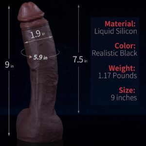 9 Inch Black Realistic Dildo Feels Like Skin, with Huge Strong Suction Cup Dildos for Hands-Free Play, Soft Liquid Silicone Anal Adult Sex Toys for Men and Women Pleasure