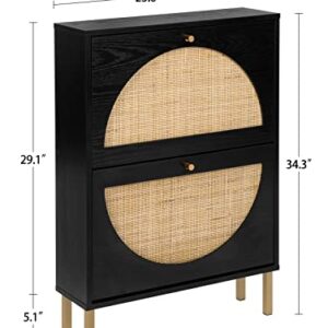 Natural Rattan Shoe Cabinet with 2 Flip Drawers, Black Free Standing Storage Racks with Metal Legs, Shoe Organizers Entrance Hallway for Heels, Boots, Slippers (Black)