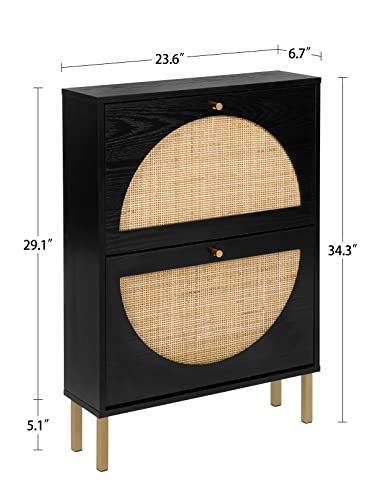 Natural Rattan Shoe Cabinet with 2 Flip Drawers, Black Free Standing Storage Racks with Metal Legs, Shoe Organizers Entrance Hallway for Heels, Boots, Slippers (Black)