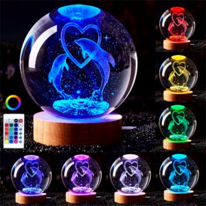 3d dolphin crystal ball lamp,3.15 inch crystal ball night light with wooden base,16 colors changing light,dimmable remote control,desk lamp (h)