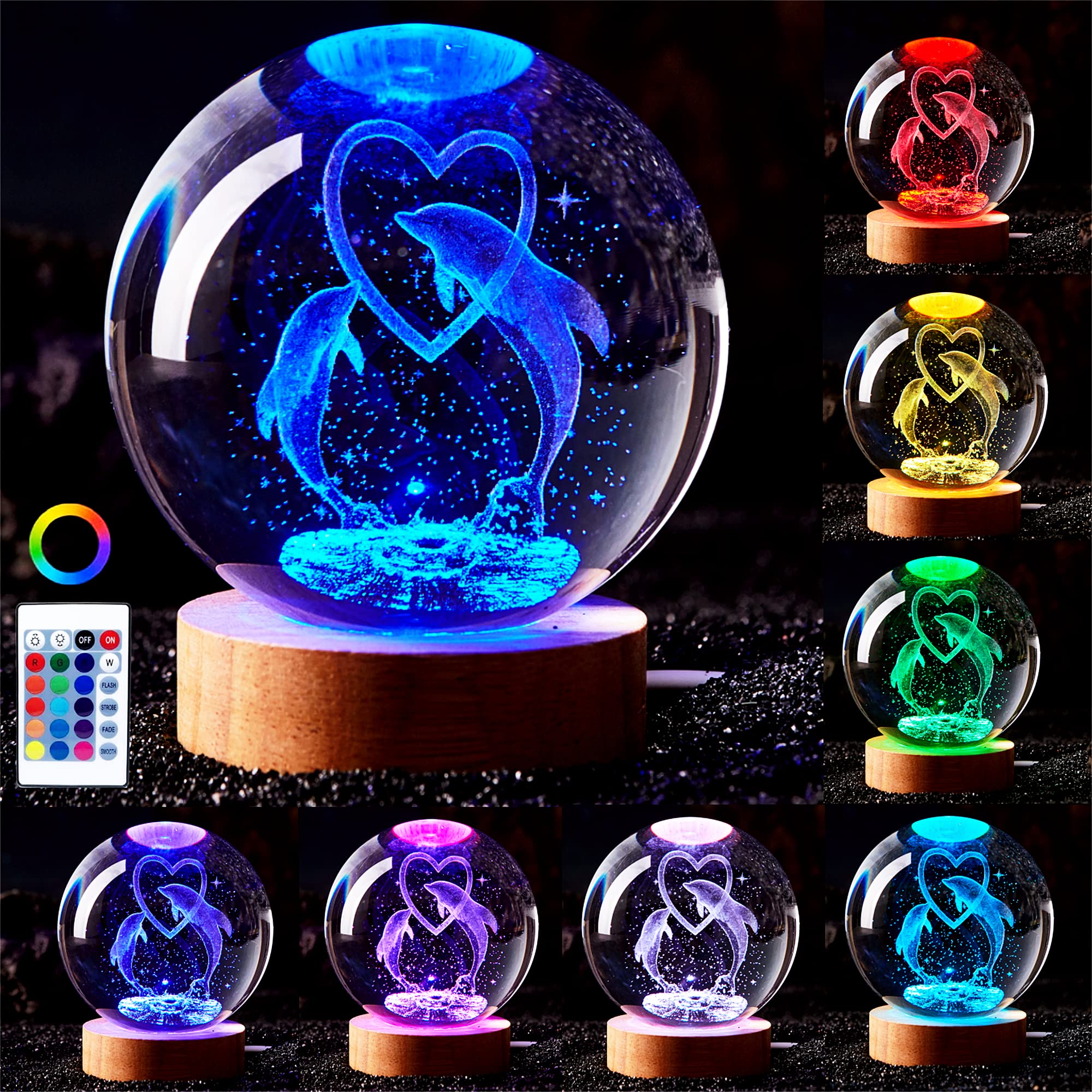 3D Dolphin Crystal Ball Lamp,3.15 inch Crystal Ball Night Light with Wooden Base,16 Colors Changing Light,Dimmable Remote Control,Desk lamp (H)