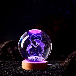 3D Dolphin Crystal Ball Lamp,3.15 inch Crystal Ball Night Light with Wooden Base,16 Colors Changing Light,Dimmable Remote Control,Desk lamp (H)