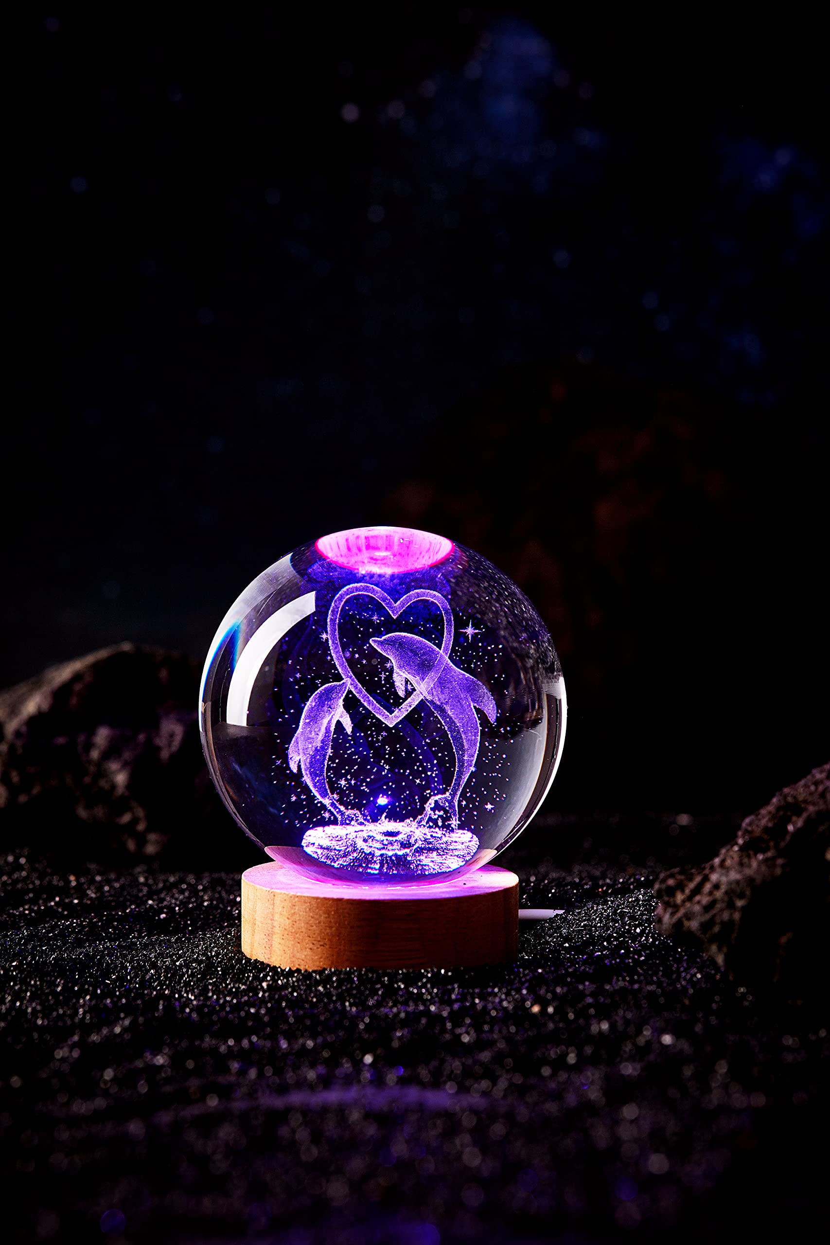 3D Dolphin Crystal Ball Lamp,3.15 inch Crystal Ball Night Light with Wooden Base,16 Colors Changing Light,Dimmable Remote Control,Desk lamp (H)