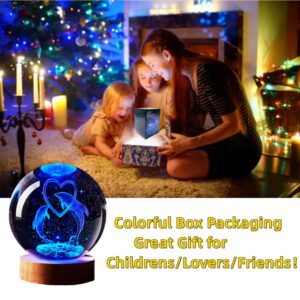 3D Dolphin Crystal Ball Lamp,3.15 inch Crystal Ball Night Light with Wooden Base,16 Colors Changing Light,Dimmable Remote Control,Desk lamp (H)