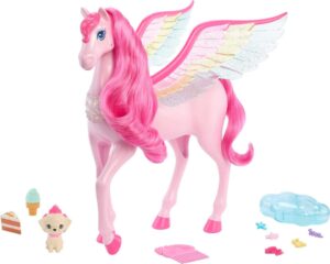 barbie doll toys, pegasus pink winged horse toy with 10 accessories including puppy & barrettes, inspired a touch of magic