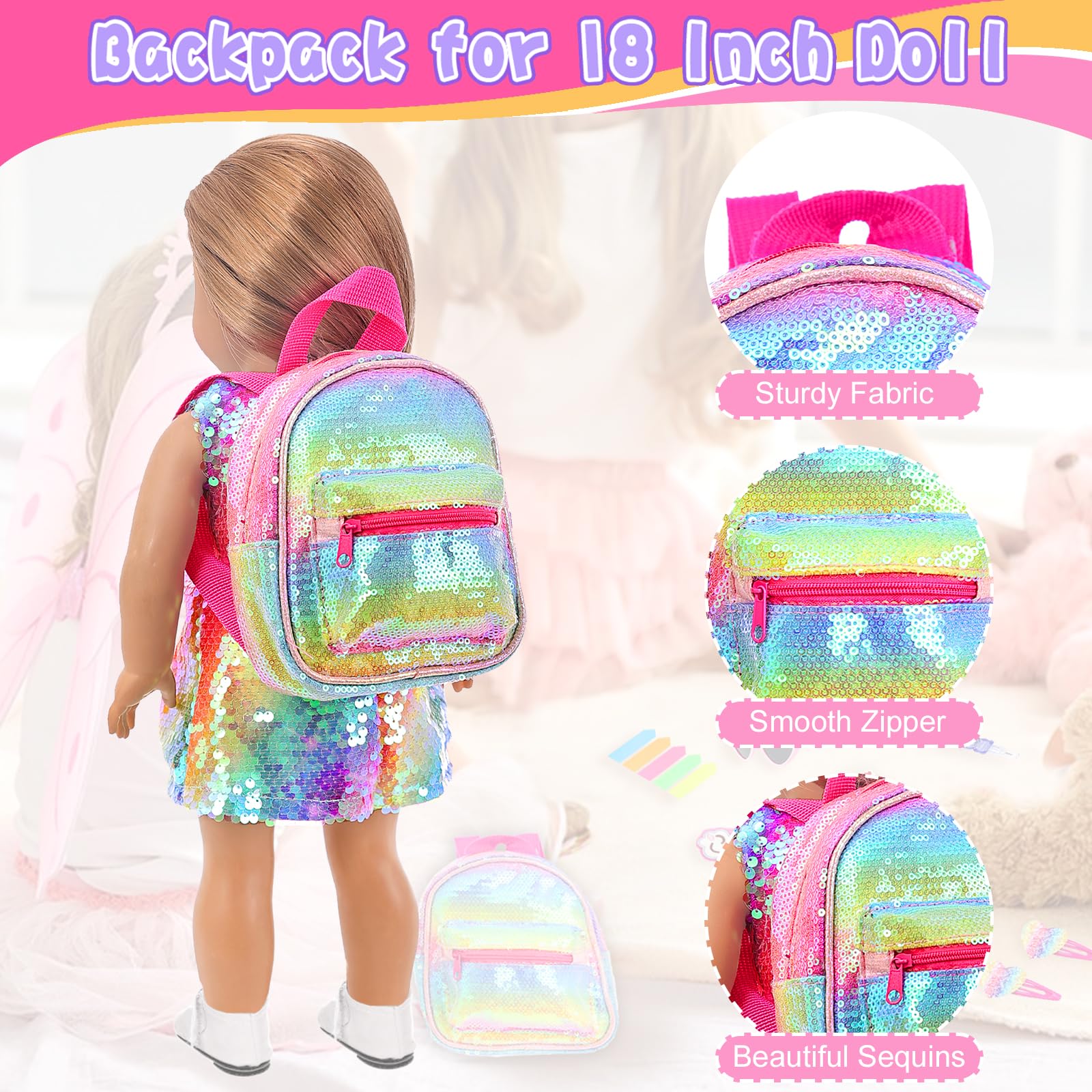 Unicorn Element 14 Pcs American 18 Inch Girl Doll Accessories School Supplies Set - Doll Backpack School Supplies Sunglasses and Other Stuff for My Our Life Generation Doll Accessories